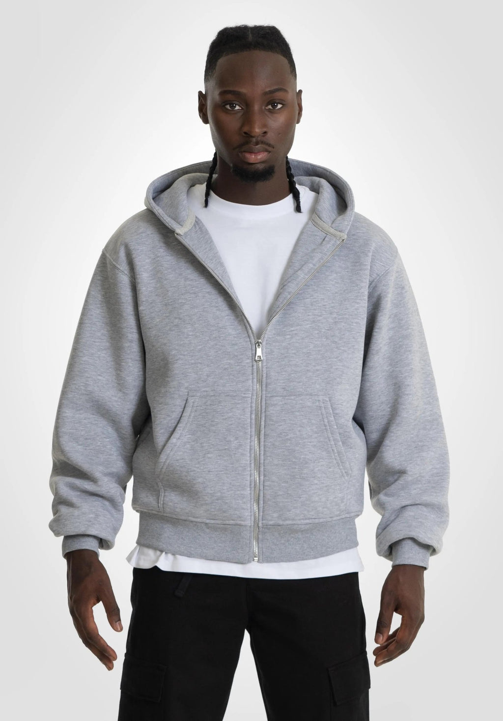 Double Layer Full Zip Hoodie - Melange Grey
